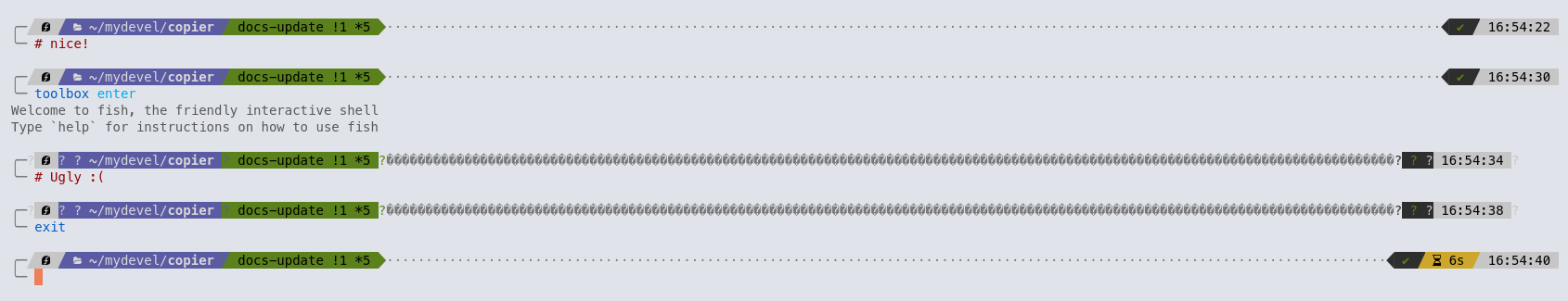 Toolbox incompatible with fancy fish prompts? · Issue #756 · containers/toolbox · GitHub