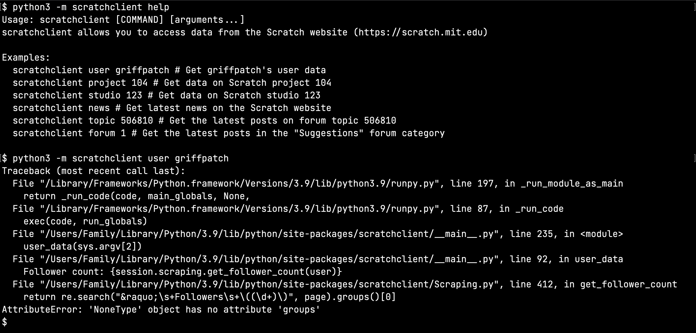 CLI errors · Issue #59 · CubeyTheCube/scratchclient · GitHub