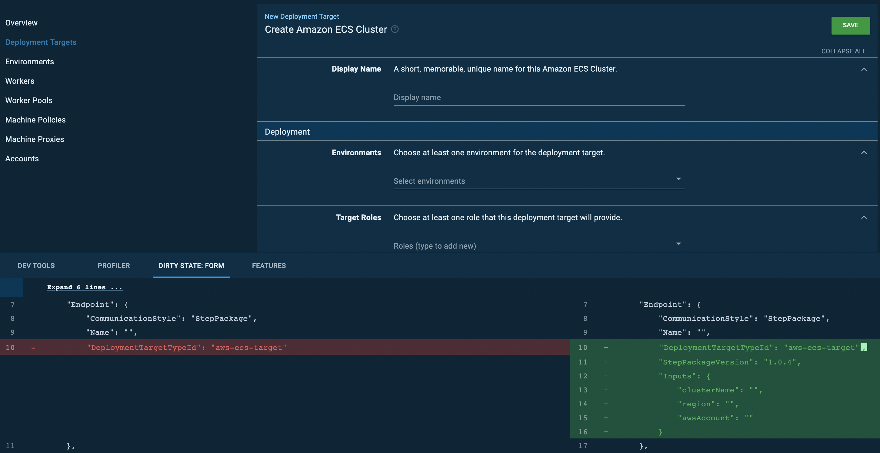 Save button is enabled on a new ECS Cluster Deployment Target before the form is "Dirty" · Issue ...