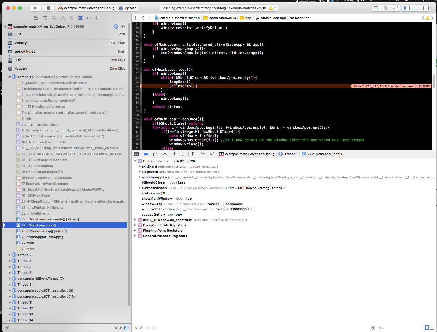 EXC_BAD_ACCESS on pollEvents · Issue #6356 · openframeworks/openFrameworks · GitHub