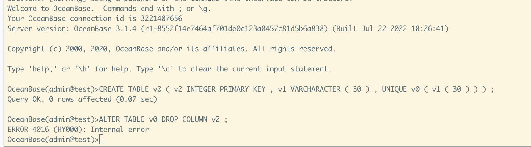[Bug]: DROP COLUMN unexpected error · Issue #1035 · oceanbase/oceanbase · GitHub