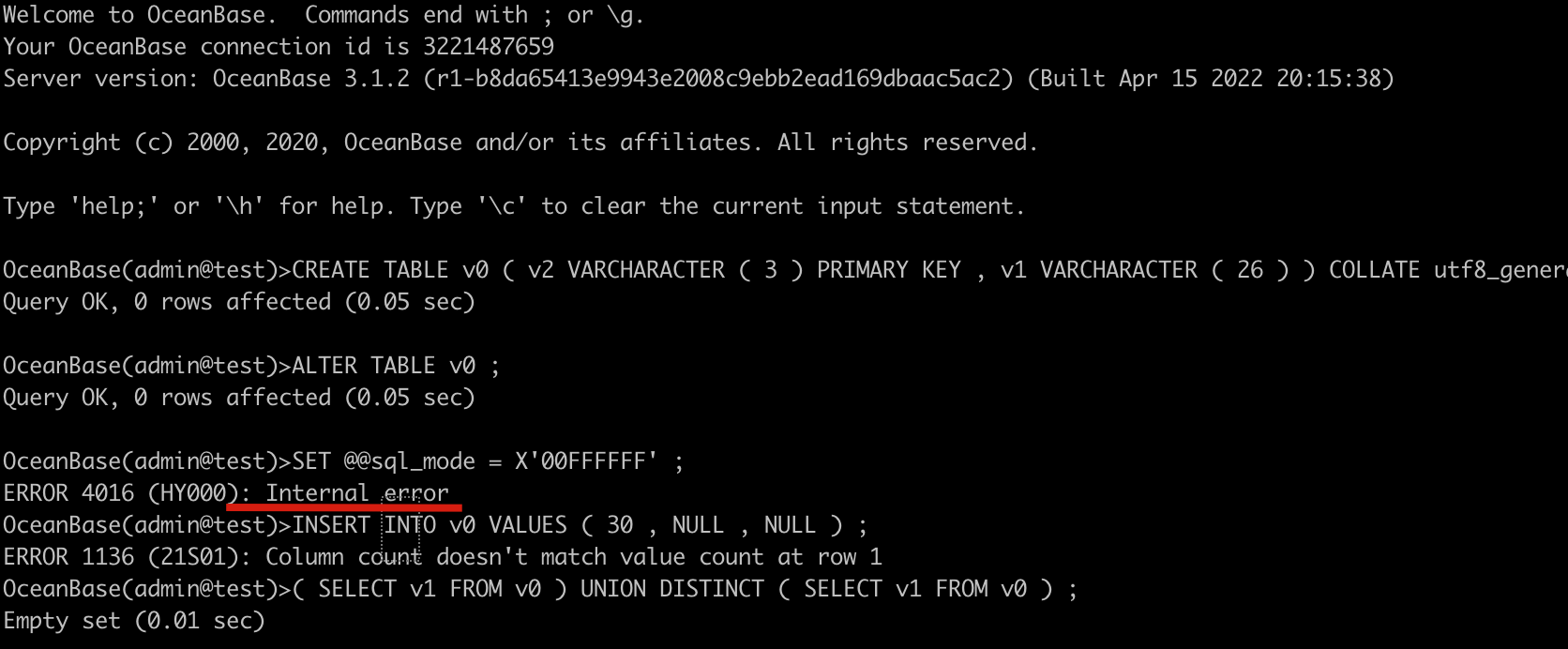 [Bug]: SET @@sql_mode = X'00FFFFFF' unexpected error · Issue #1034 · oceanbase/oceanbase · GitHub