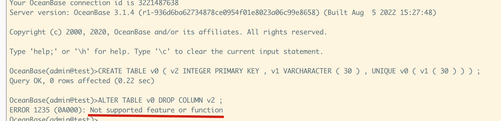 [Bug]: DROP COLUMN unexpected error · Issue #1035 · oceanbase/oceanbase · GitHub