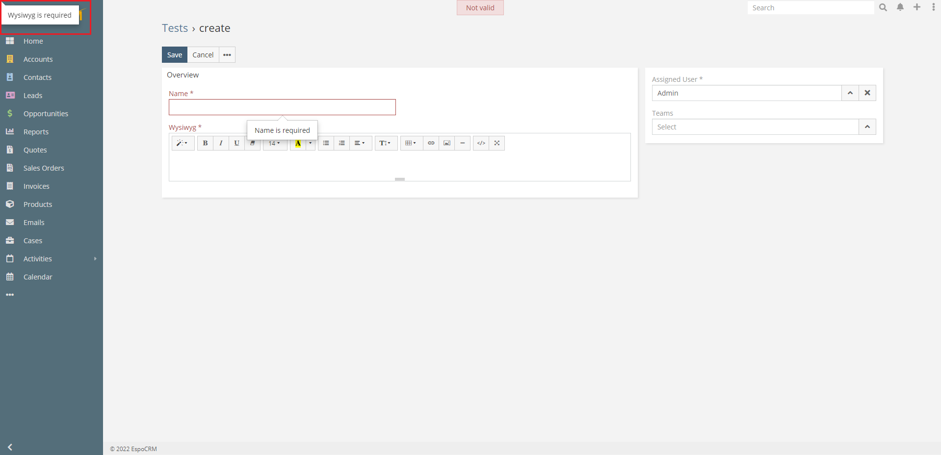 Wysiwyg field type: Validation messages display in wrong place. · Issue #2404 · espocrm/espocrm ...