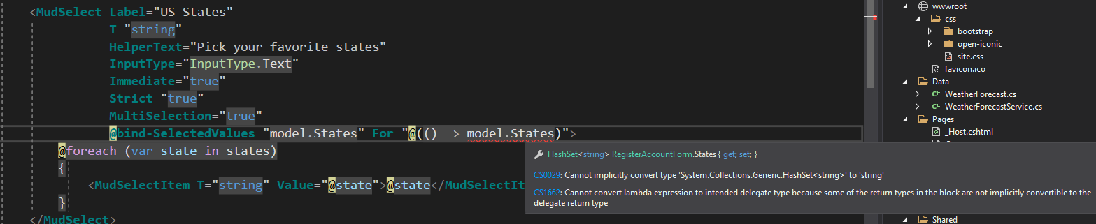 MudSelect using For (Expression ) with SelectedValues (HashSet ) · Issue #1443 · MudBlazor ...