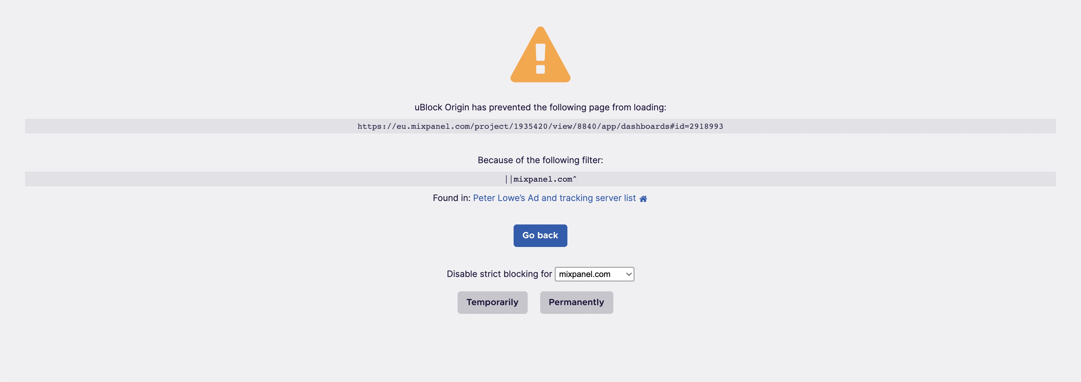Mixpanel dashboards blocked even after strict blocking disabled · Issue ...