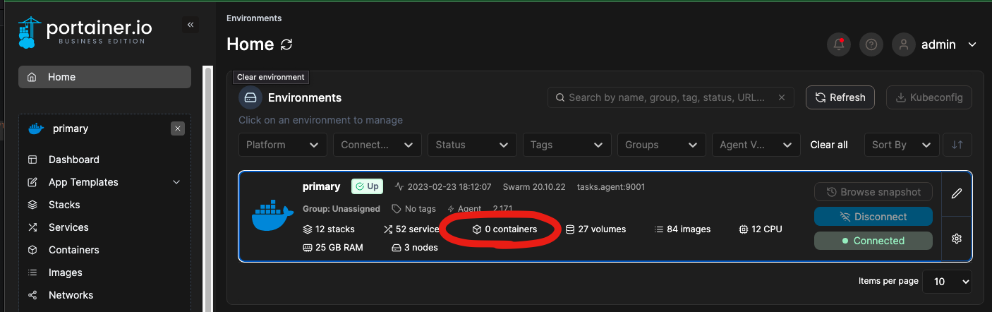Portainer 2171 Ce And Business Edition 0zero Containers On Environments Page Bug · Issue