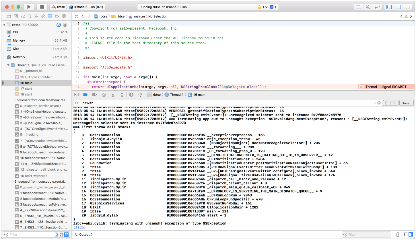 (v3.1.4) (iOS) In debug mode app crashes · Issue #504 · OneSignal/react ...