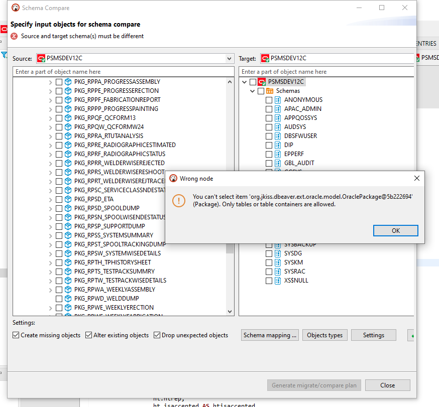 you can't select item 'org.jkiss.dbeaver.ext.oracle.model error in Schema Compare in Dbeaver EE ...