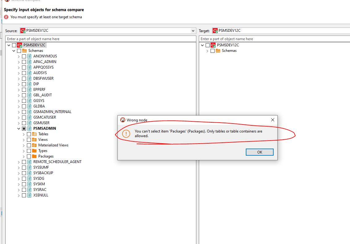 you can't select item 'org.jkiss.dbeaver.ext.oracle.model error in Schema Compare in Dbeaver EE ...
