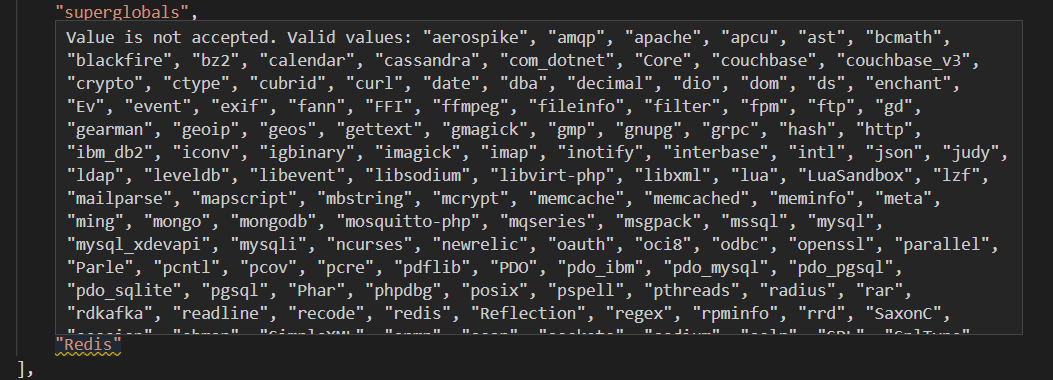When Add `redis` To Setting `intelephense Stubs` Value Is Not Accepted Warning Show Up