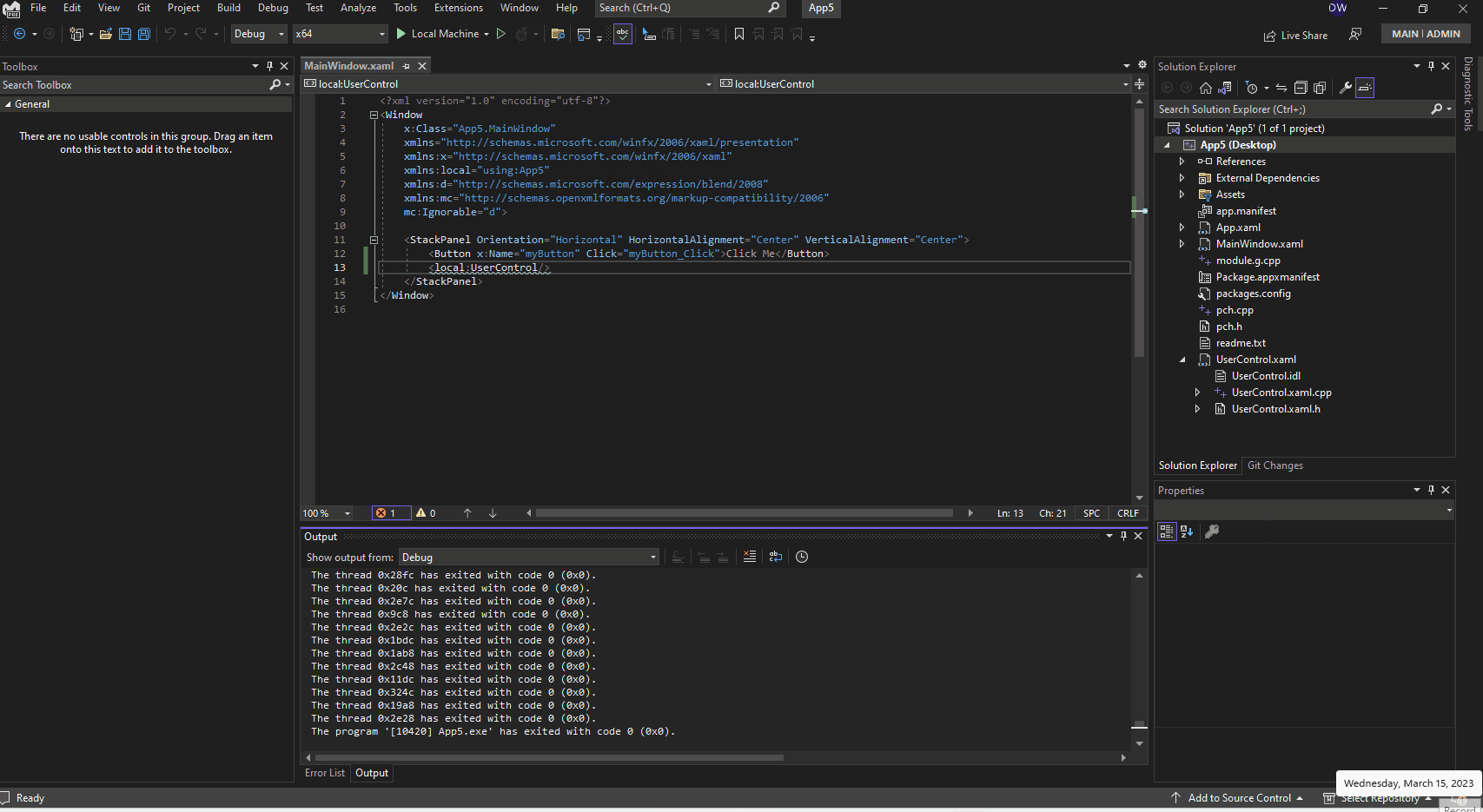 [WinUI] Show error XLS0503 when adding a UserControl to MainWindow in ...