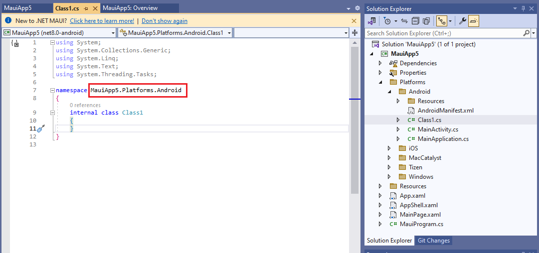 A New Class Created In Platformandroid Folder Of Net Maui Project Will Have Wrong Namespace