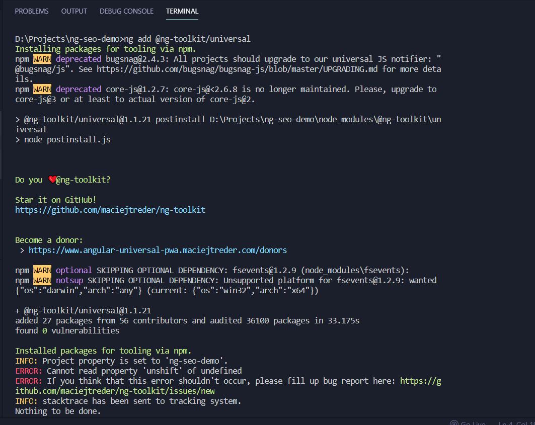 Error Cannot Read Property Unshift Of Undefined Ng Add Ng Toolkituniversal To Existing 