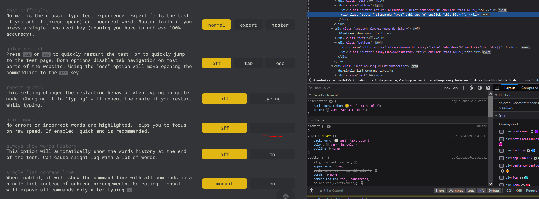 Blind mode setting is not highlighting 'On' option correctly · Issue #3760 · monkeytypegame ...