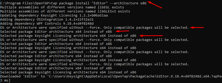 Running the command to install with a specific --architecture will not return a warning for ...