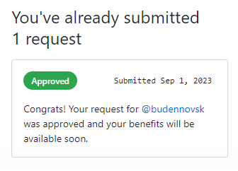 Congrats! Your request for @yourname was approved and your benefits ...
