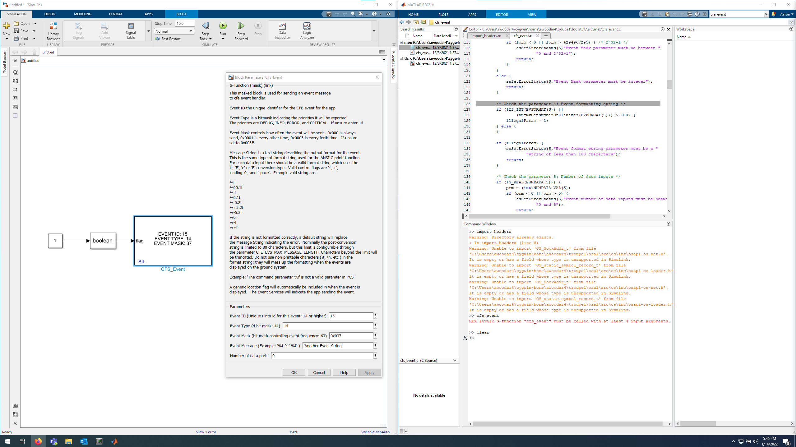 Error in cfe_event block after importing cfe headers using Simulink ...
