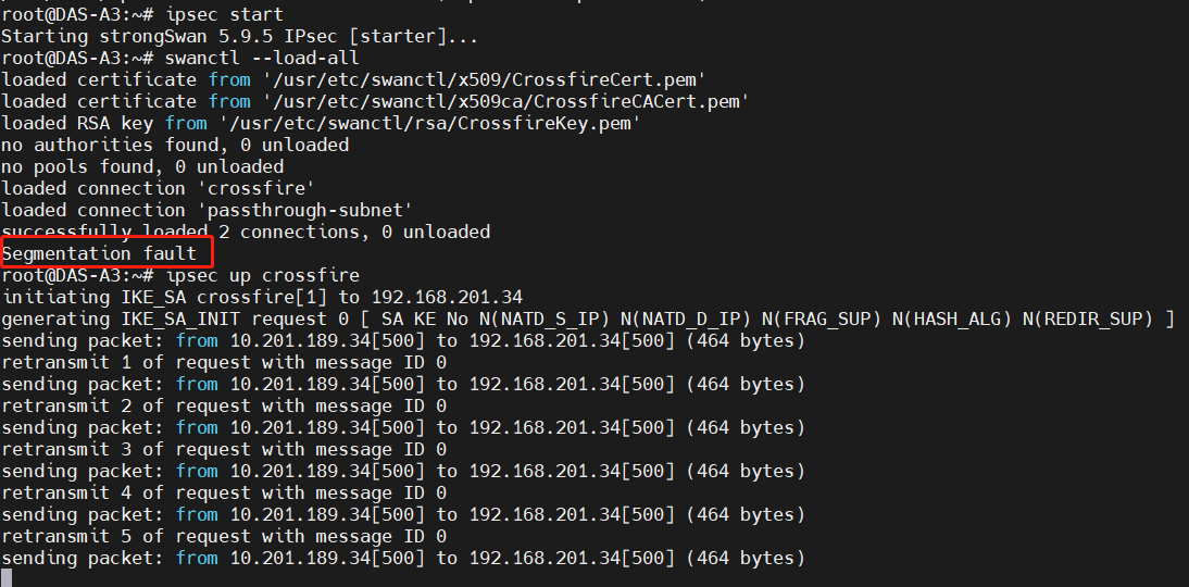 Cross-compiled strongswan can run normally, but there is a segment error when loading the ...