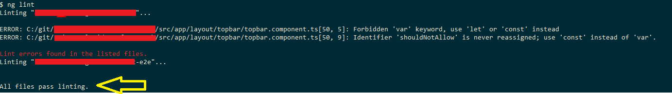 [ng lint] outputs "All files pass linting" even though linting failed · Issue #14686 · angular ...