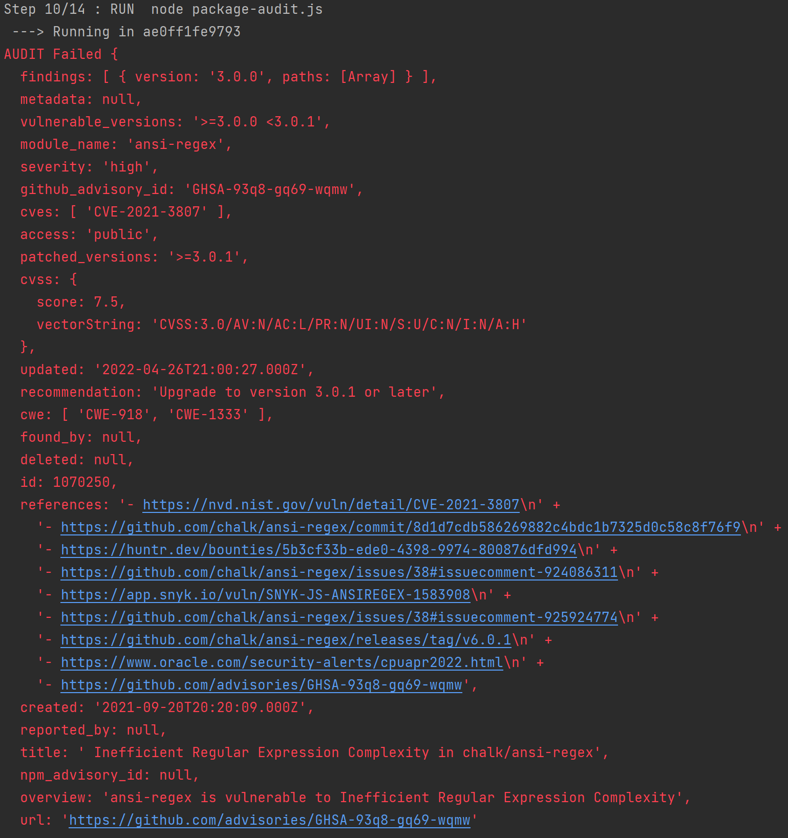 Docker build failed due to severity reason, ansi-regex is vulnerable · Issue #3799 ...