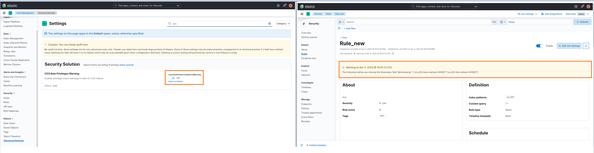 [Question][Security Solution] Warning messages are different on rule execution when we have ...