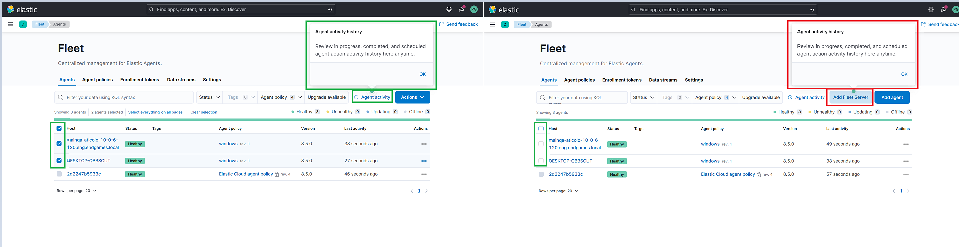 [Fleet]: 'Agent activity history' pop is shown above the `Add Fleet Server` link on deselecting ...
