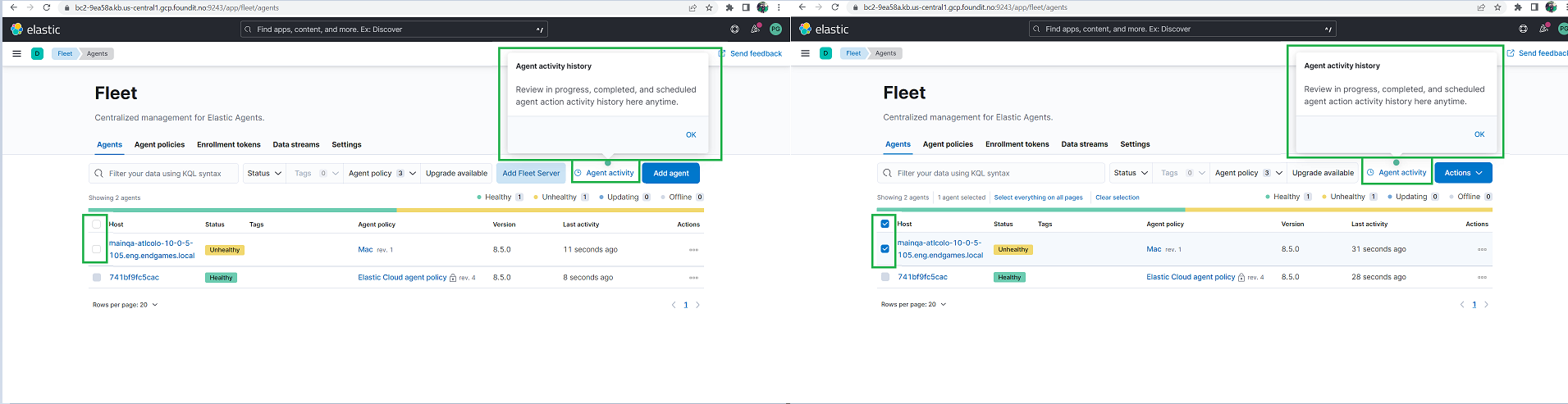 [Fleet]: 'Agent activity history' pop is shown above the `Add Fleet ...