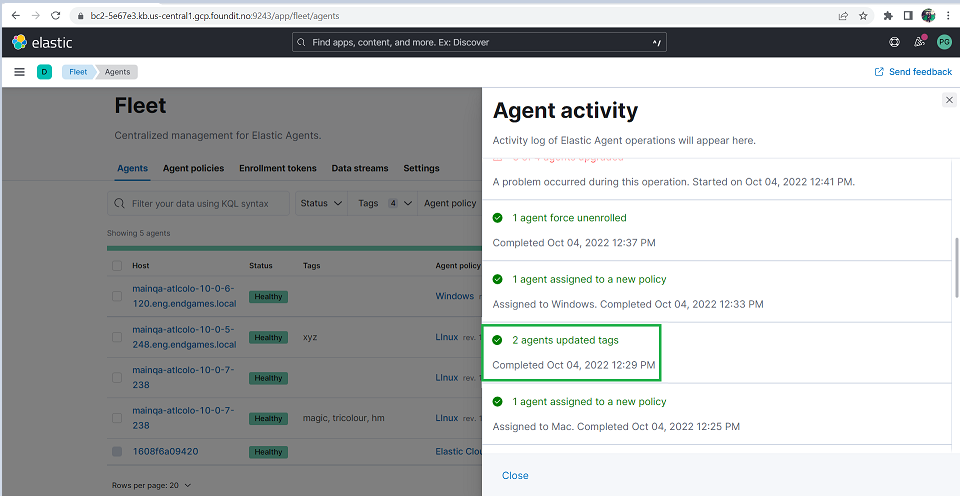 [Fleet]: '1 agent updated tags' is not shown on 'Agent activity' flyout for Updating Tags for ...
