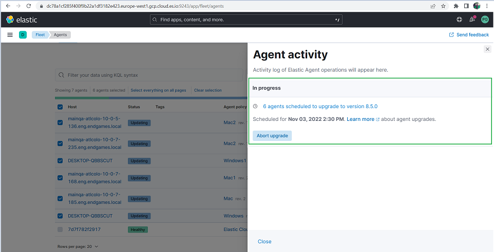 [Fleet]: User is unable to Abort the agent upgrade and the upgrading notification modal is not ...