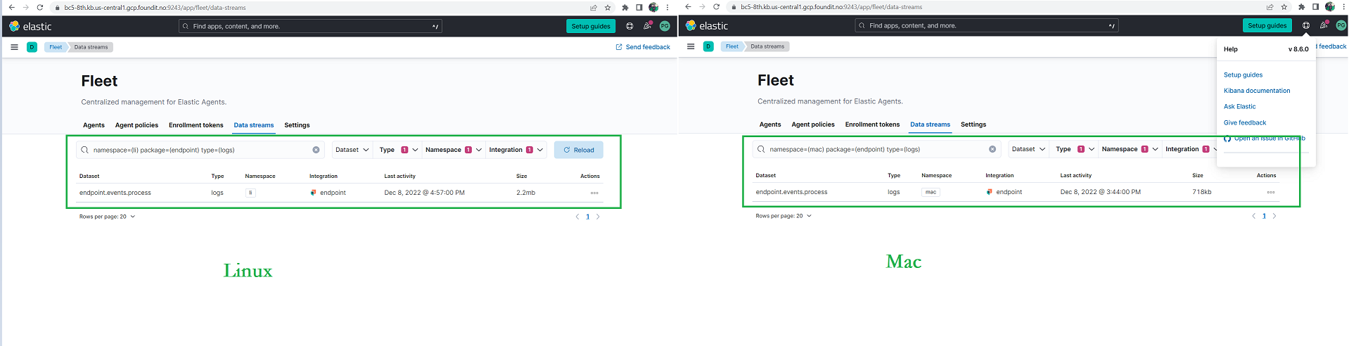 [Fleet]: Endpoint logs dataset are not shown on Data Streams page for Linux, Mac and Windows ...