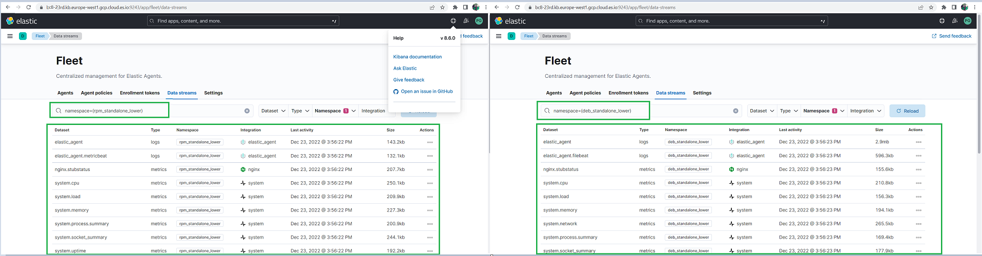 [Fleet]: No data available under Data Streams tab for lower version ...