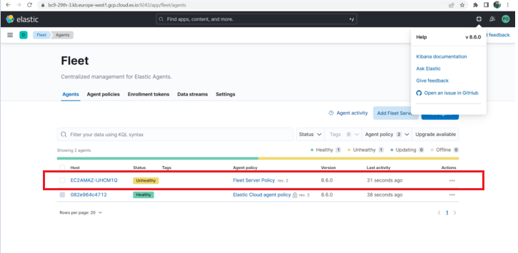 [Fleet]: 'Unhealthy' state of Fleet server is shown under the 'Fleet > Agents' tab after ...