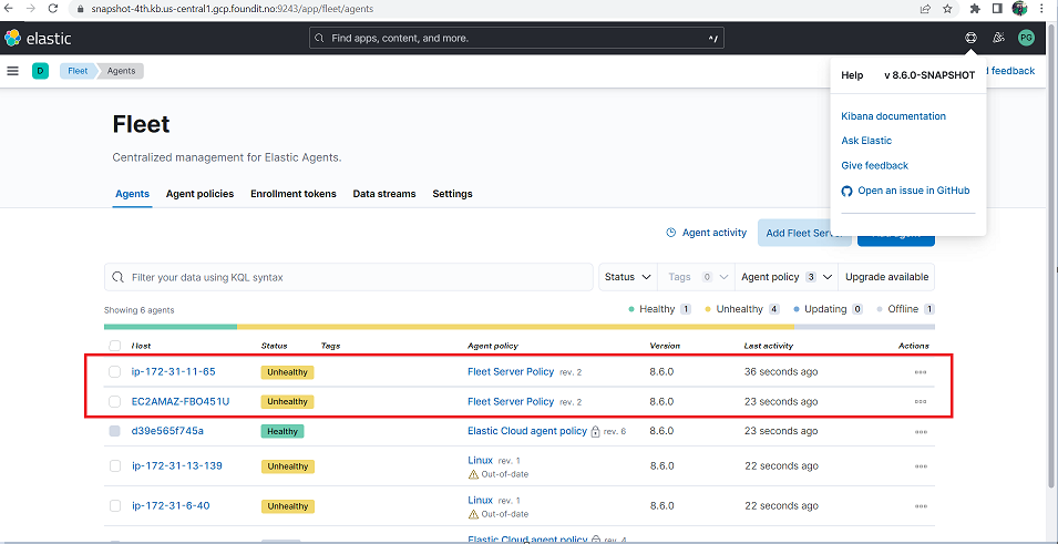 [Fleet]: 'Unhealthy' state of Fleet server is shown under the 'Fleet > Agents' tab after ...