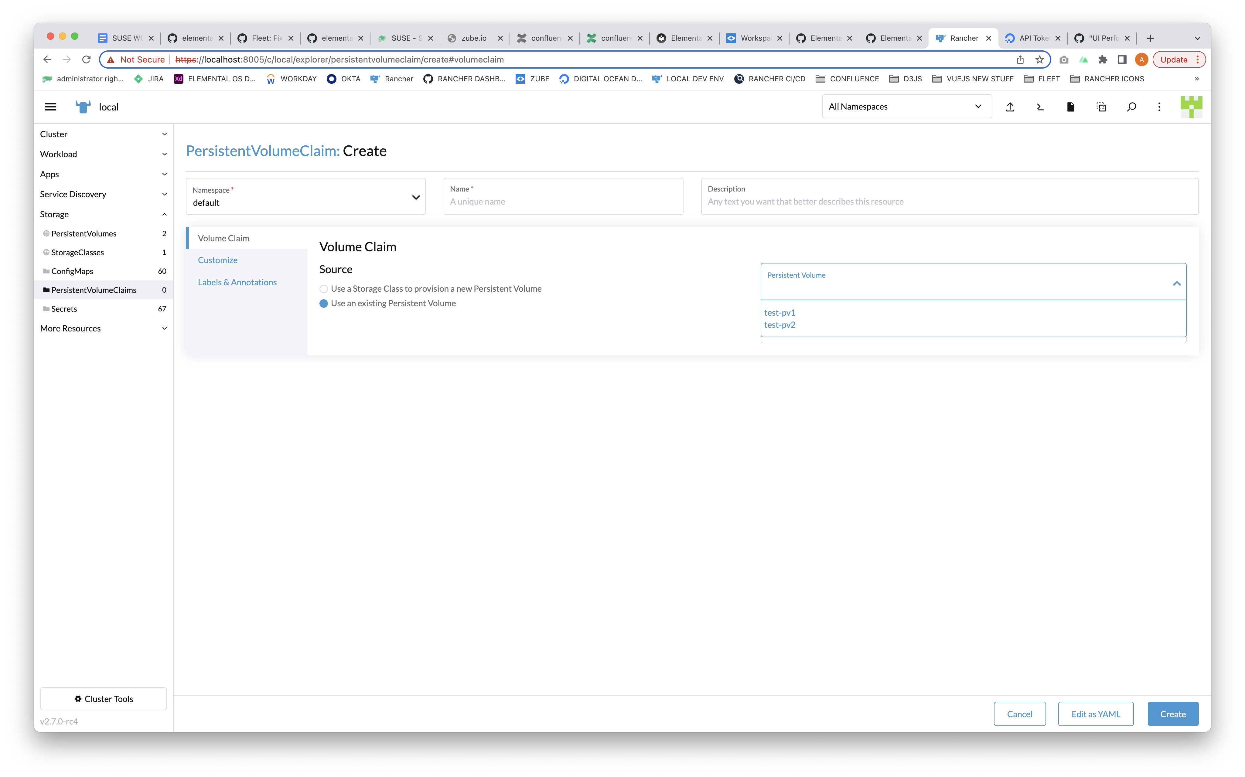 Missing dropdown to show multiple existing PVs or storage classes while creating a PVC · Issue ...