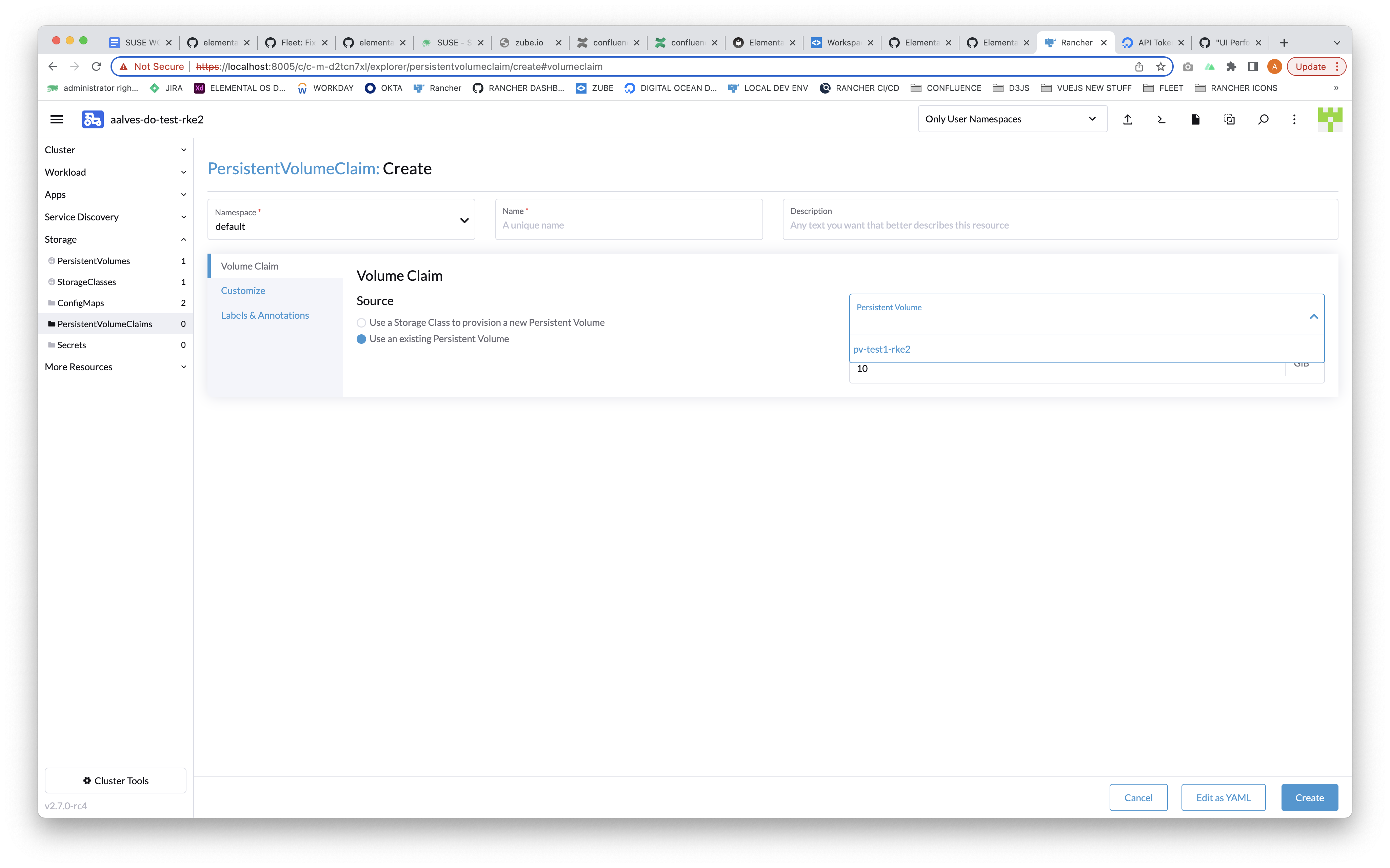 Missing dropdown to show multiple existing PVs or storage classes while creating a PVC · Issue ...