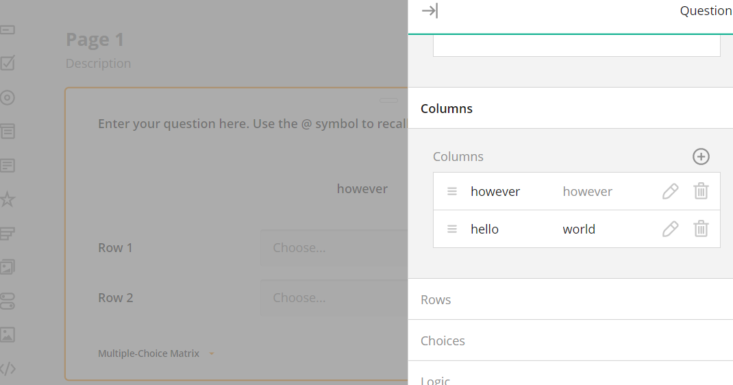 V2: JSON with matrix columns with matching name and title, title ...