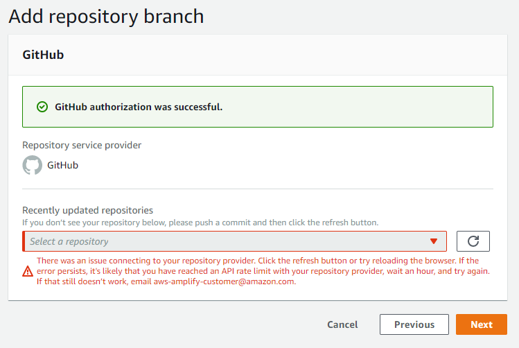 There was an issue connecting to your repository provider (GitHub) · Issue #724 · aws-amplify ...