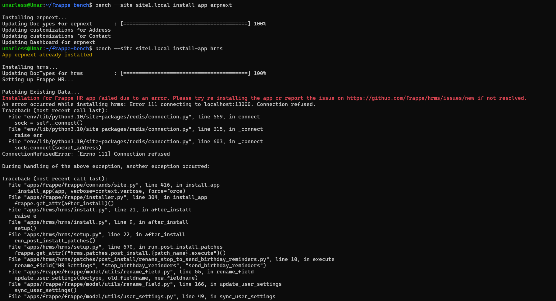 Error while Installing the HR & Payroll app · Issue #511 · frappe/hrms · GitHub