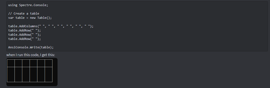 Row distinction in an empty table · Issue #1239 · spectreconsole/spectre.console · GitHub