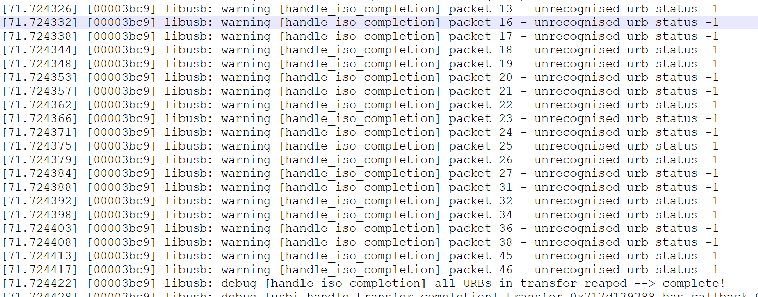 got "unrecognised urb status -1" issue when getting data. · Issue #1137 · libusb/libusb · GitHub