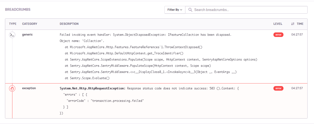 Failed invoking event handler: System.ObjectDisposedException: IFeatureCollection has been ...