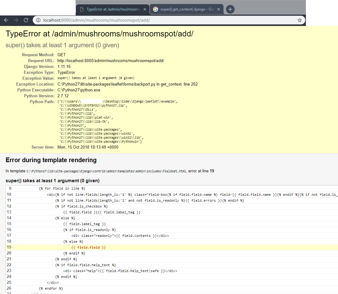 TypeError - super() takes at least 1 argument · Issue #238 · makinacorpus/django-leaflet · GitHub