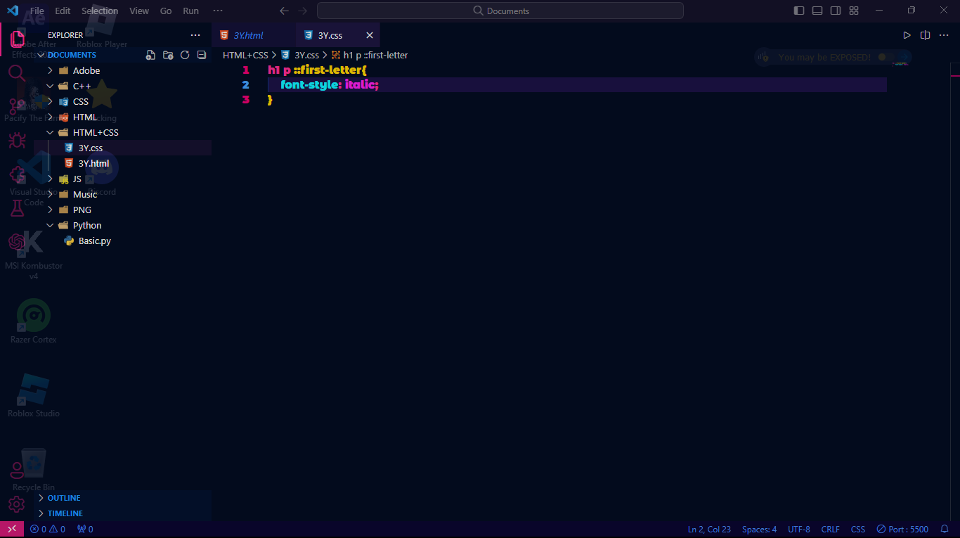 In vs code some css codes are not norking like ::fist letter :hover pls ...