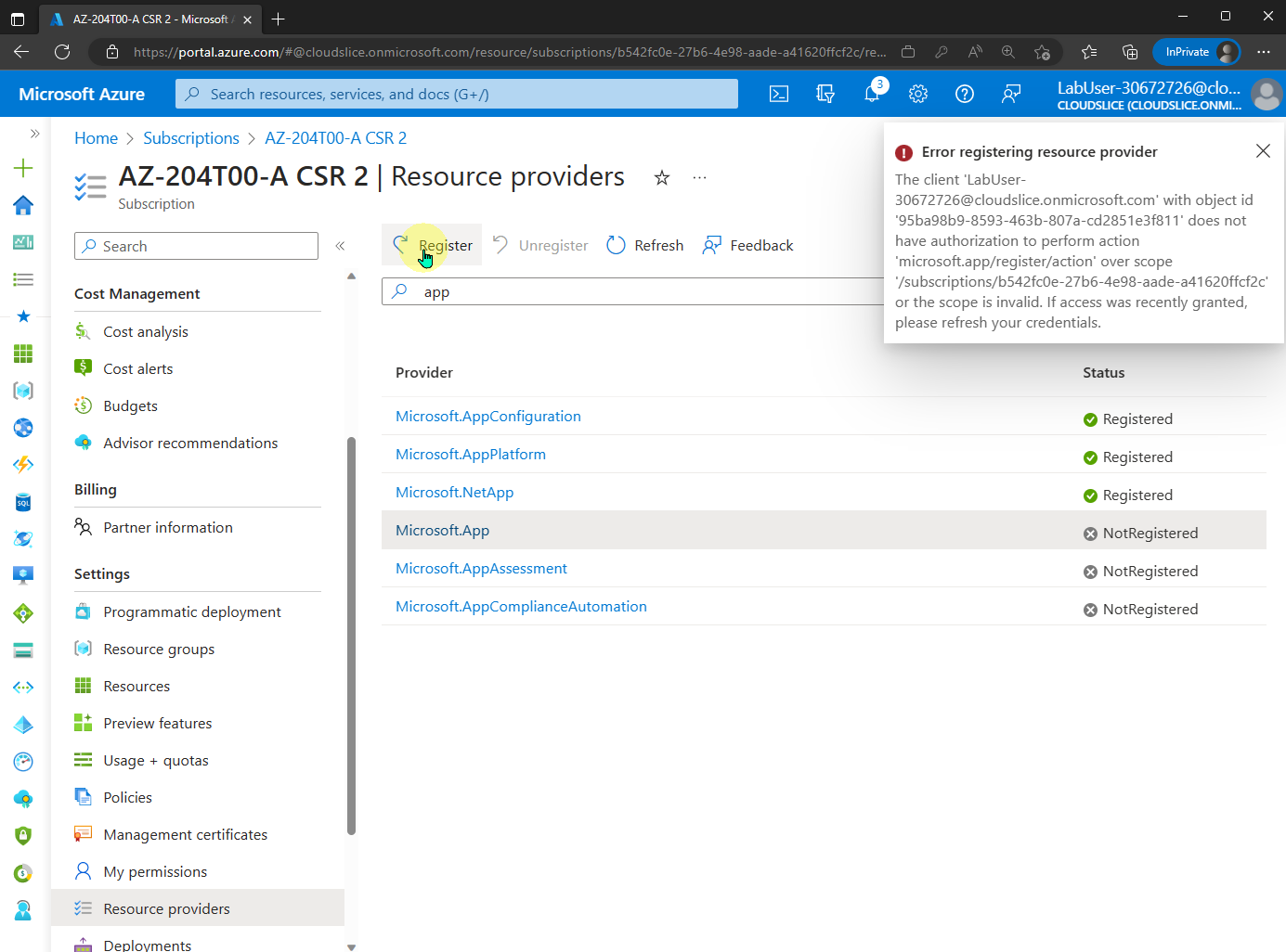 Lab 5 - register a new provider for Container App fail · Issue #649 · MicrosoftLearning/AZ-204 ...