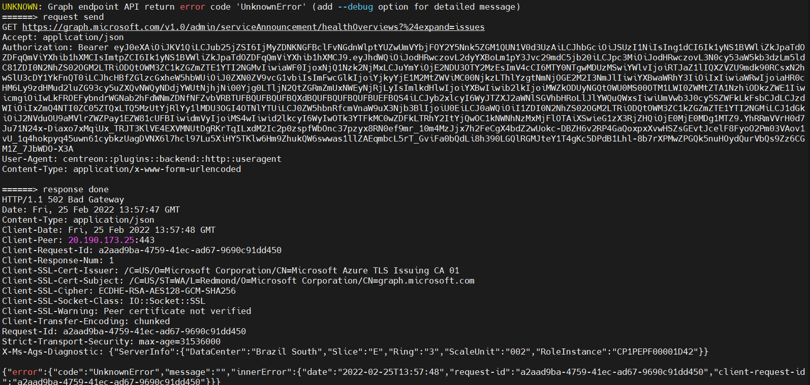 [cloud::microsoft::office365::management::plugin] Cannot decode json response: malformed JSON ...
