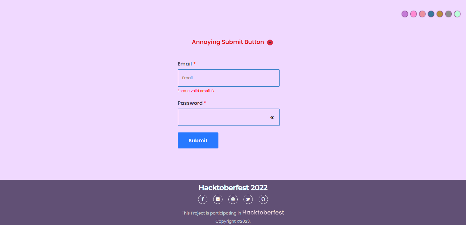 Updating the hacktoberfest year to 2023 · Issue #203 · fineanmol/Annoying-submit-button · GitHub