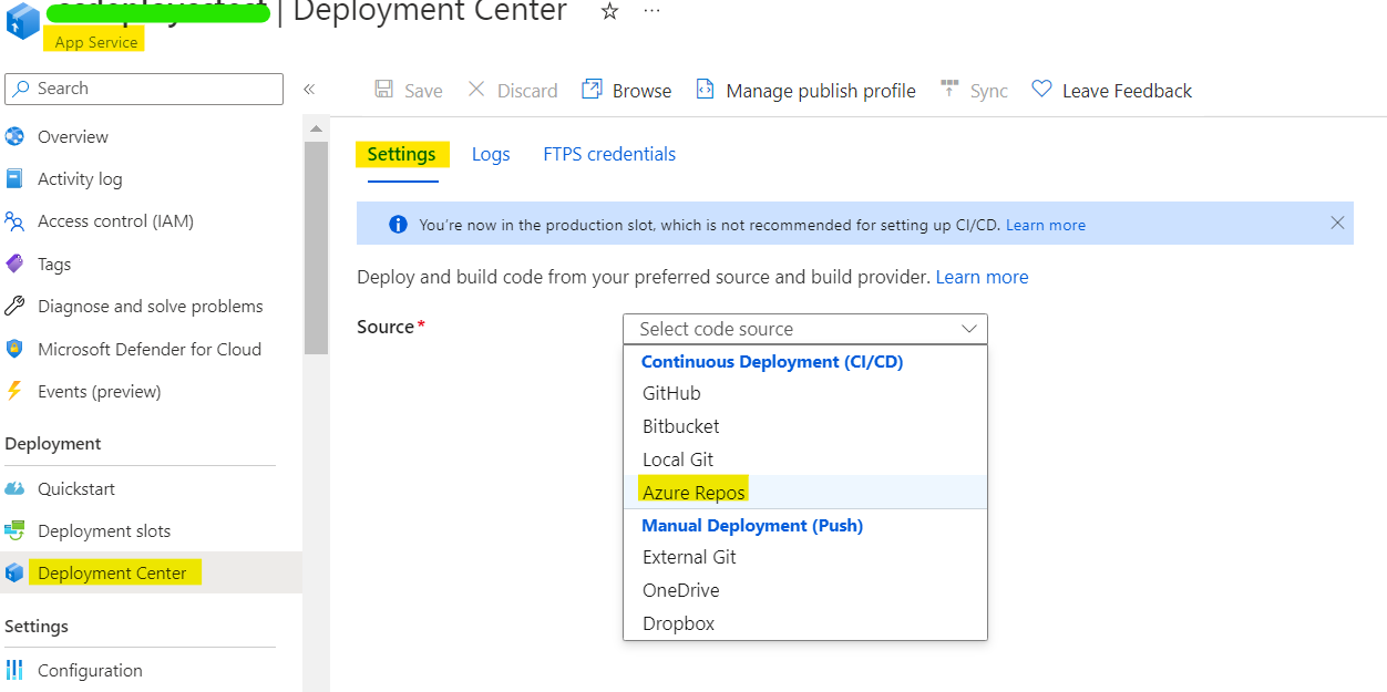Steps to create an azure devops repository and deploy from the azure devops repository using the ...