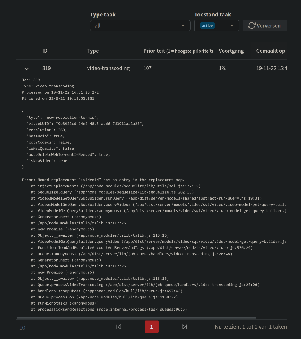 Inspecting a task shows an SQL data binding error · Issue #5419 · Chocobozzz/PeerTube · GitHub