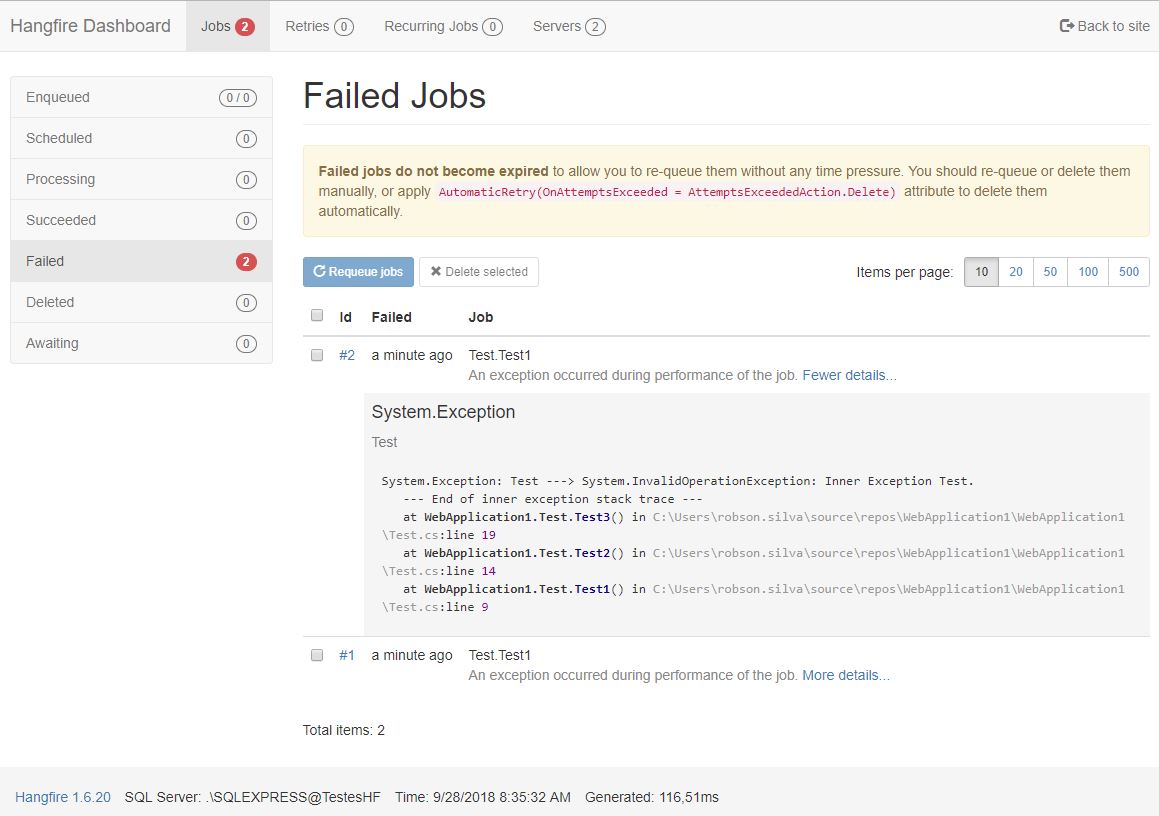 Exception Stack Trace For Failed Tasks · Issue 1275 · Hangfireiohangfire · Github 